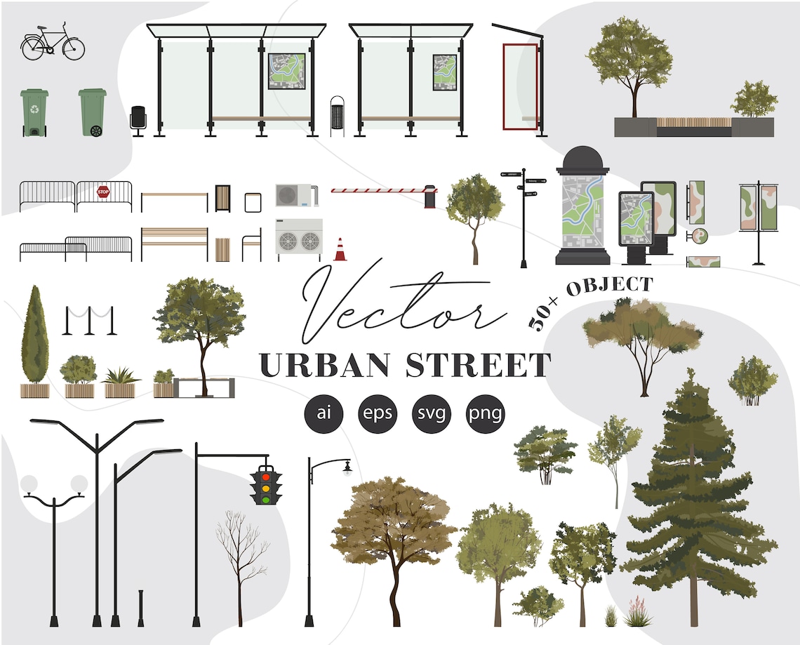 Flat Vector Illustration URBAN STREET Exterior Elements Clip Art Set - Etsy