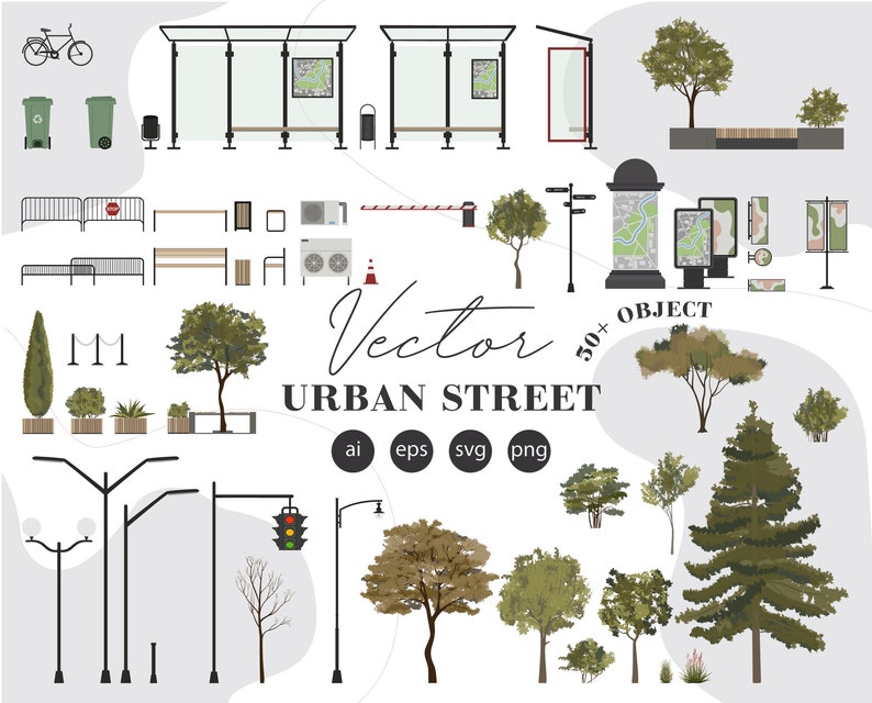 Flat Vector Illustration - URBAN STREET - Exterior Elements Clip Art ...