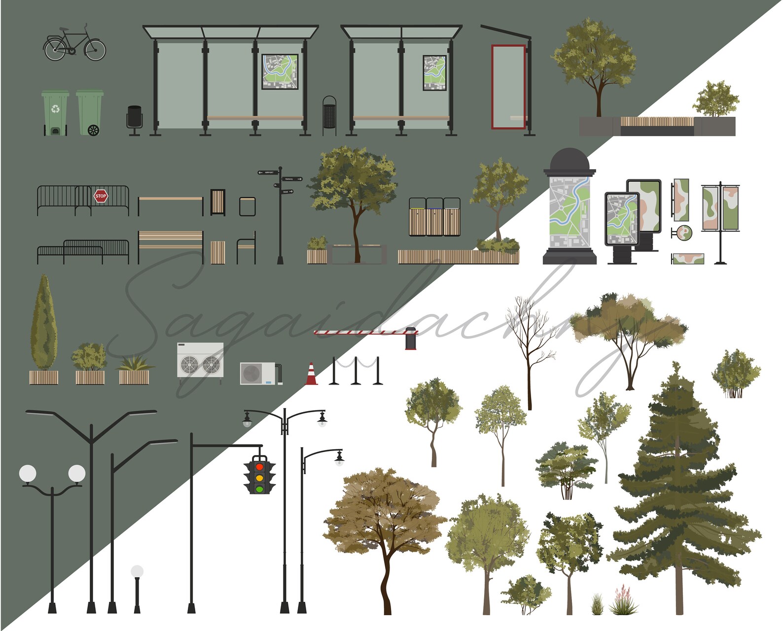 Flat Vector Illustration URBAN STREET Exterior Elements Clip Art Set - Etsy