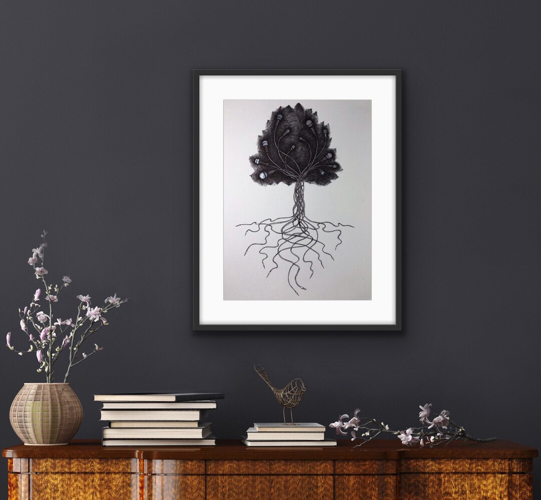 Pen and Ink Arboresque Drawing. Microphone Tree Roots Art. Music Themed ...