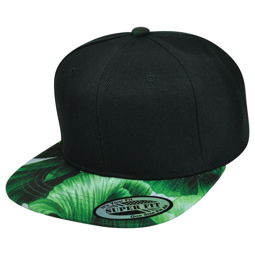 Blank Plain Solid Black Green Leaf Design Pattern Flat Bill Snapback ...