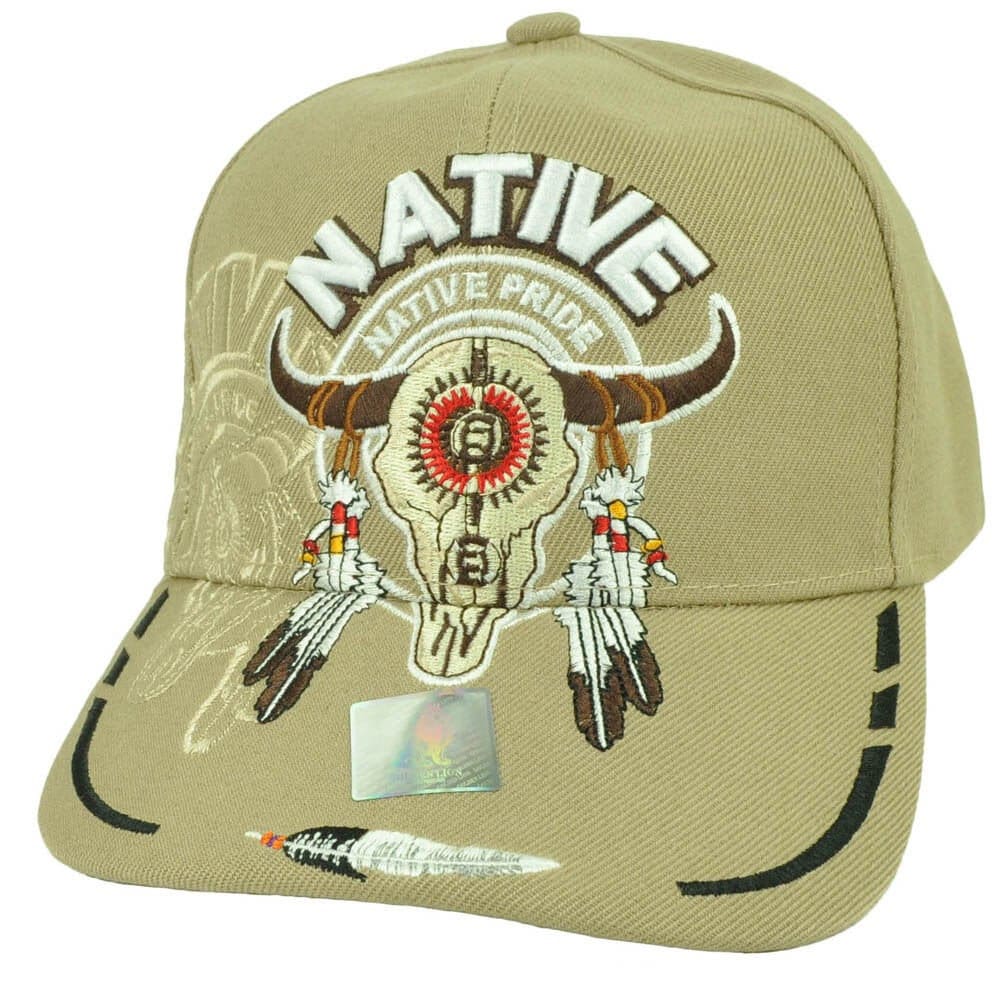 Native Indian American Pride Buffalo Skull Shadow Feather Khaki ...