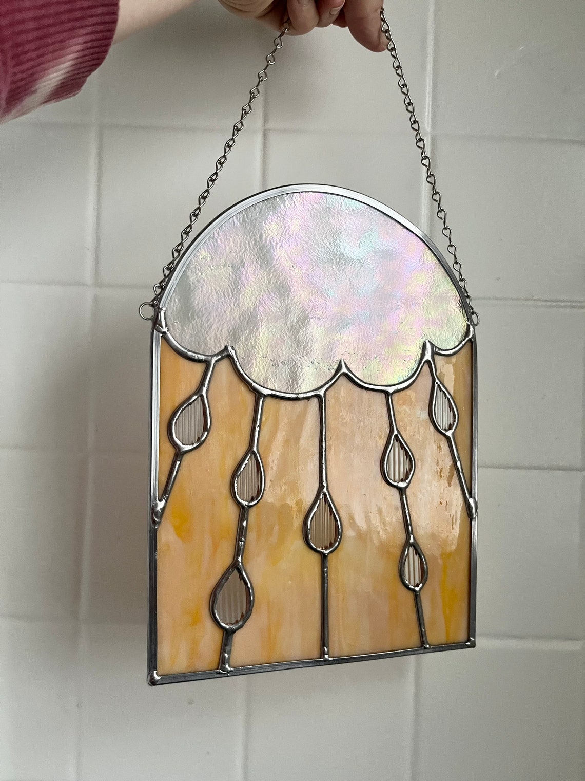 Stained Glass Rain Cloud Window Panel, Peach and Cloudy Iridescent ...