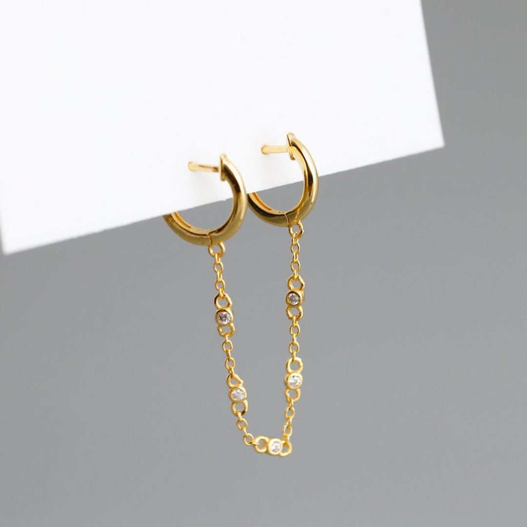 Double Hoop Chain Earrings 925 Sterling Silver 18K Gold - Etsy