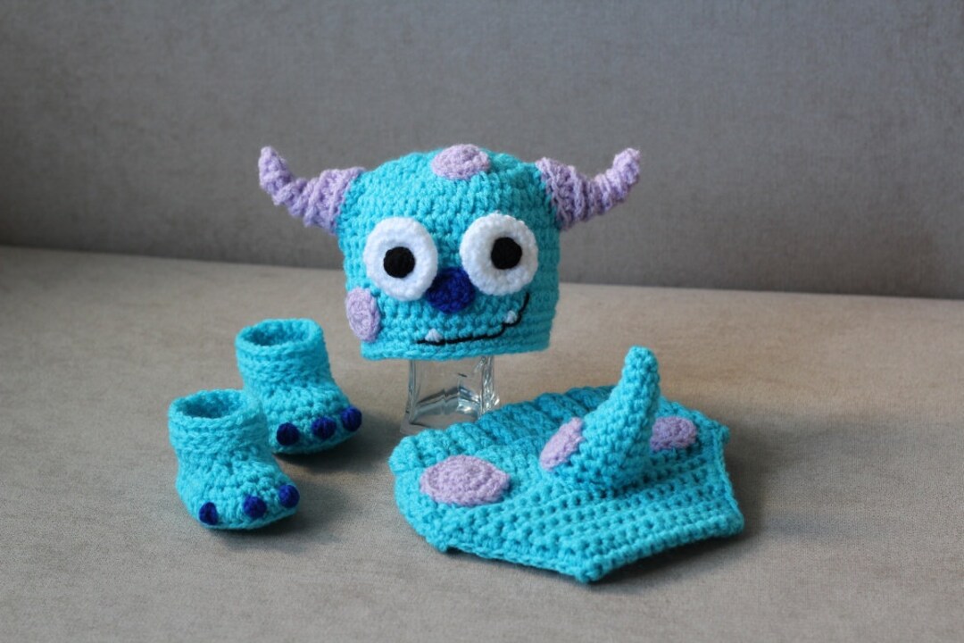 Crochet Baby Blue Monster Hat Tailed Diaper Cover Booties Set Monster ...