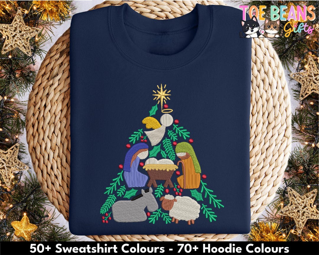 Nativity Christmas Tree Embroidered Sweatshirt or Hoodie, Christmas ...