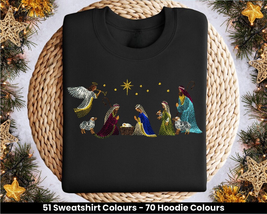 Embroidered Light Embroidery Nativity Scene Sweatshirt or Hoodie ...