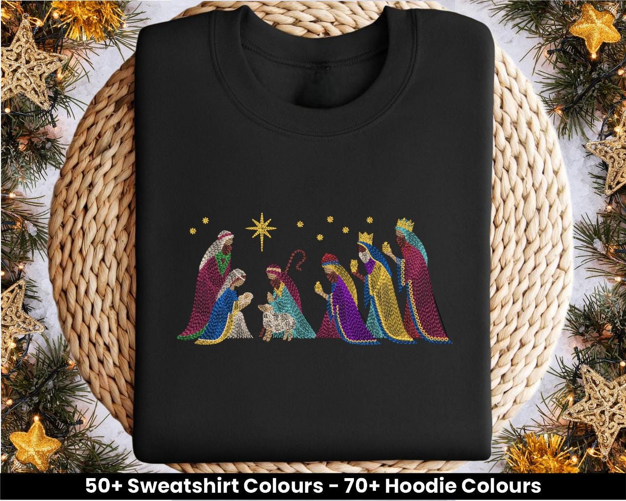 Embroidered Light Embroidery Nativity Sweatshirt or Hoodie, Christmas ...