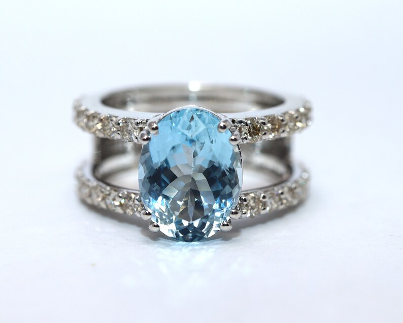 3 Ct Aquamarine & Diamond Engagement Ring – 14K White Gold Double Band ...