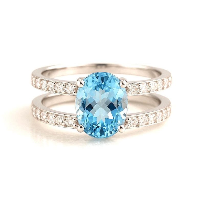 3 Ct Aquamarine & Diamond Engagement Ring – 14K White Gold Double Band ...