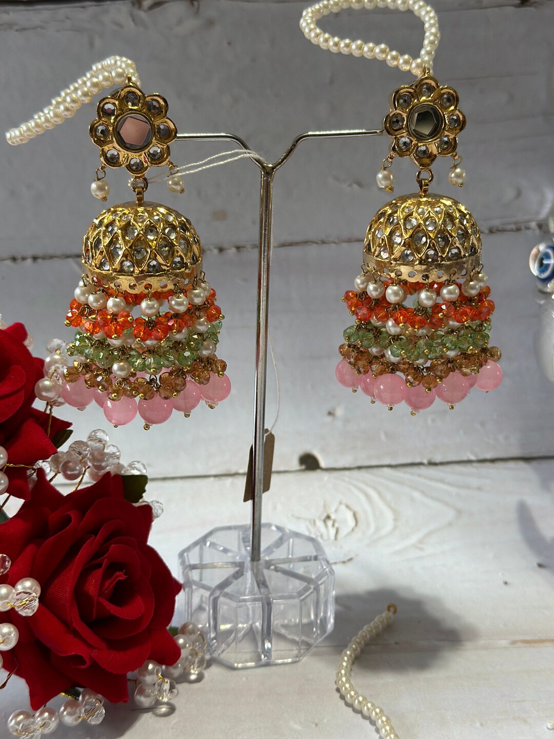 Thappa Kundan Baby Pink Orange and Mint With Pearl Jhumka With Tikka ...