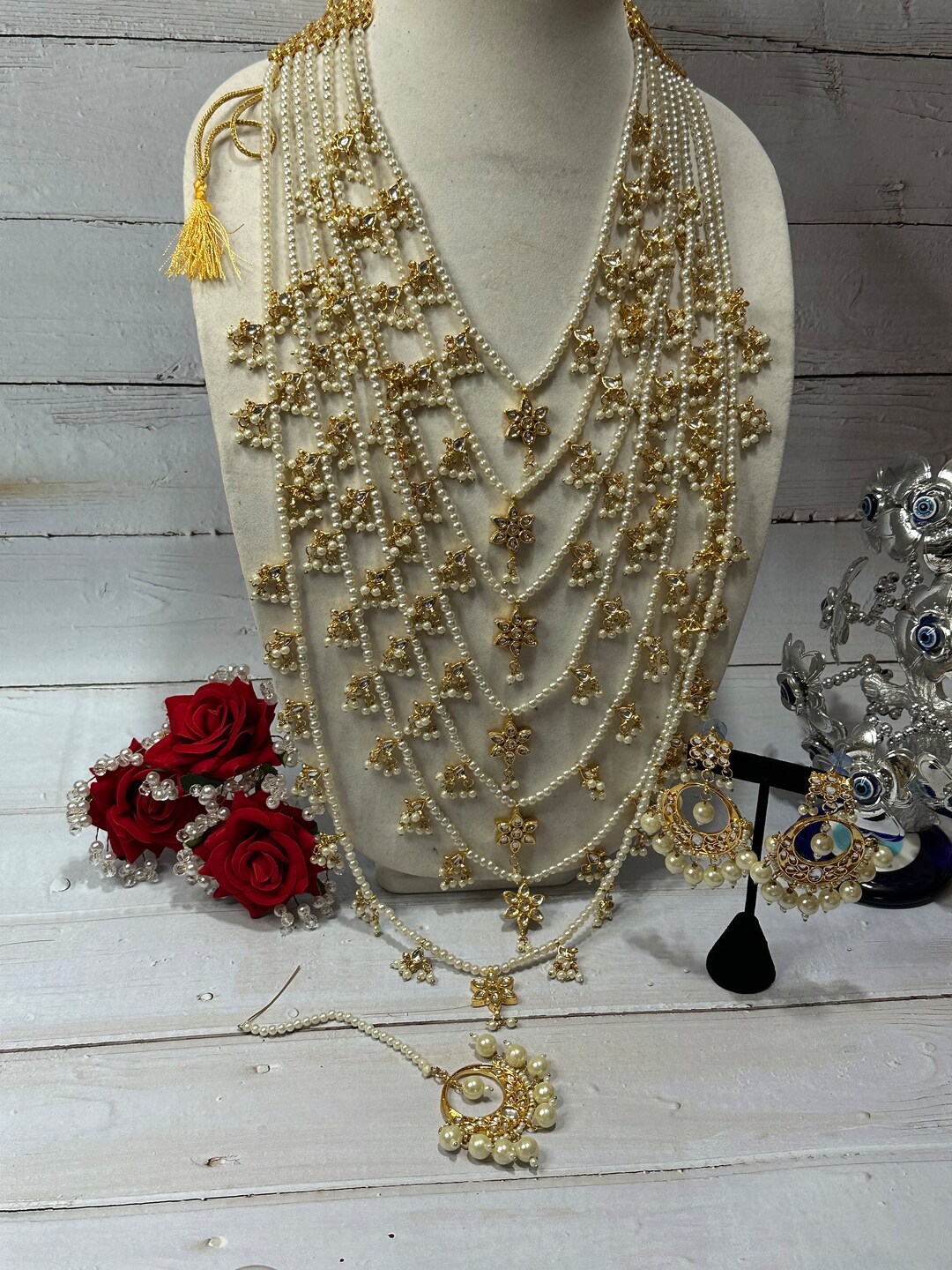 Pearl Long 5 Layer Necklace Rani Haar Pachi Kundan Bead Long Necklace ...