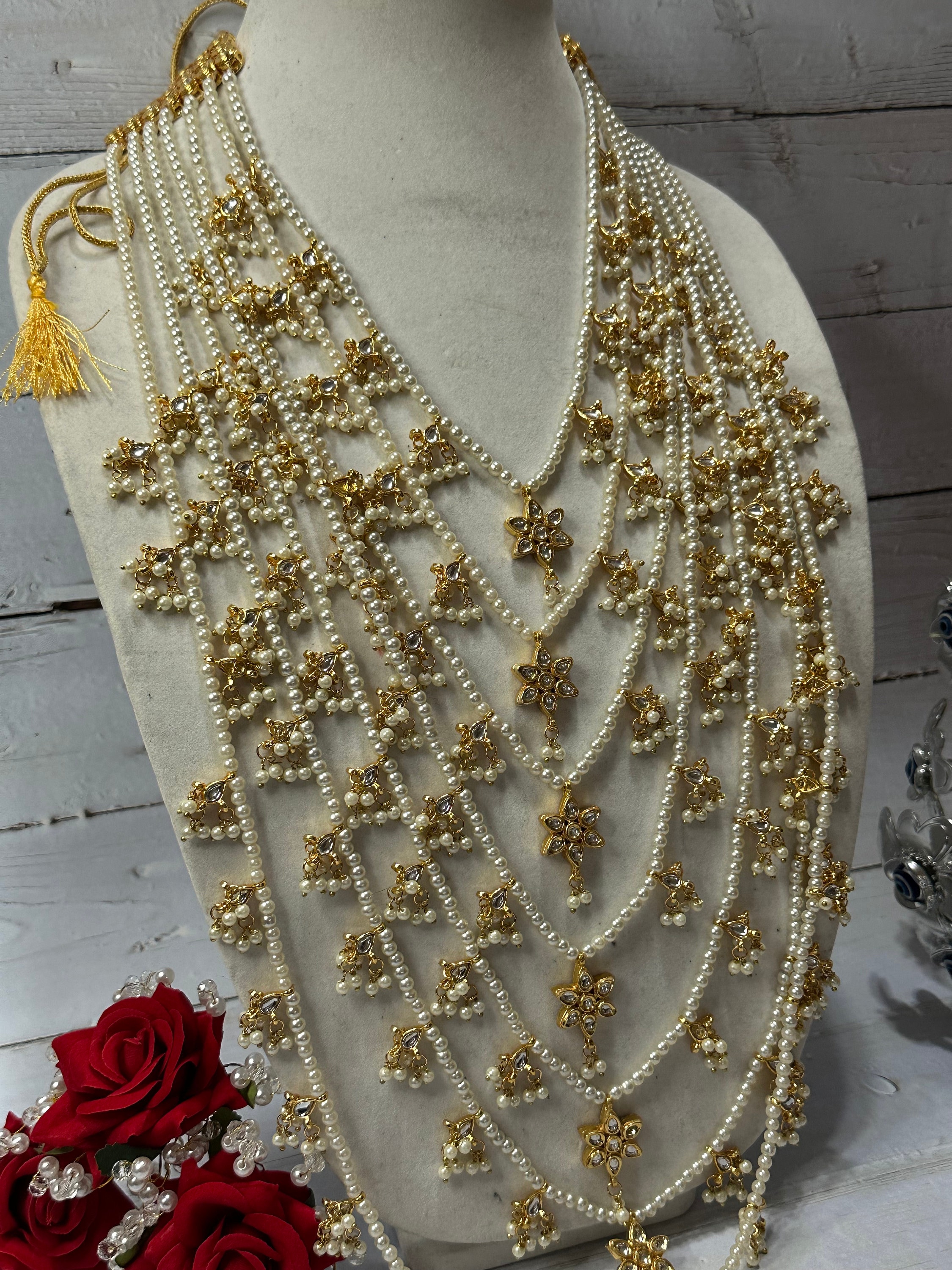 Pearl Long 5 Layer Necklace Rani Haar Pachi Kundan Bead Long Necklace ...