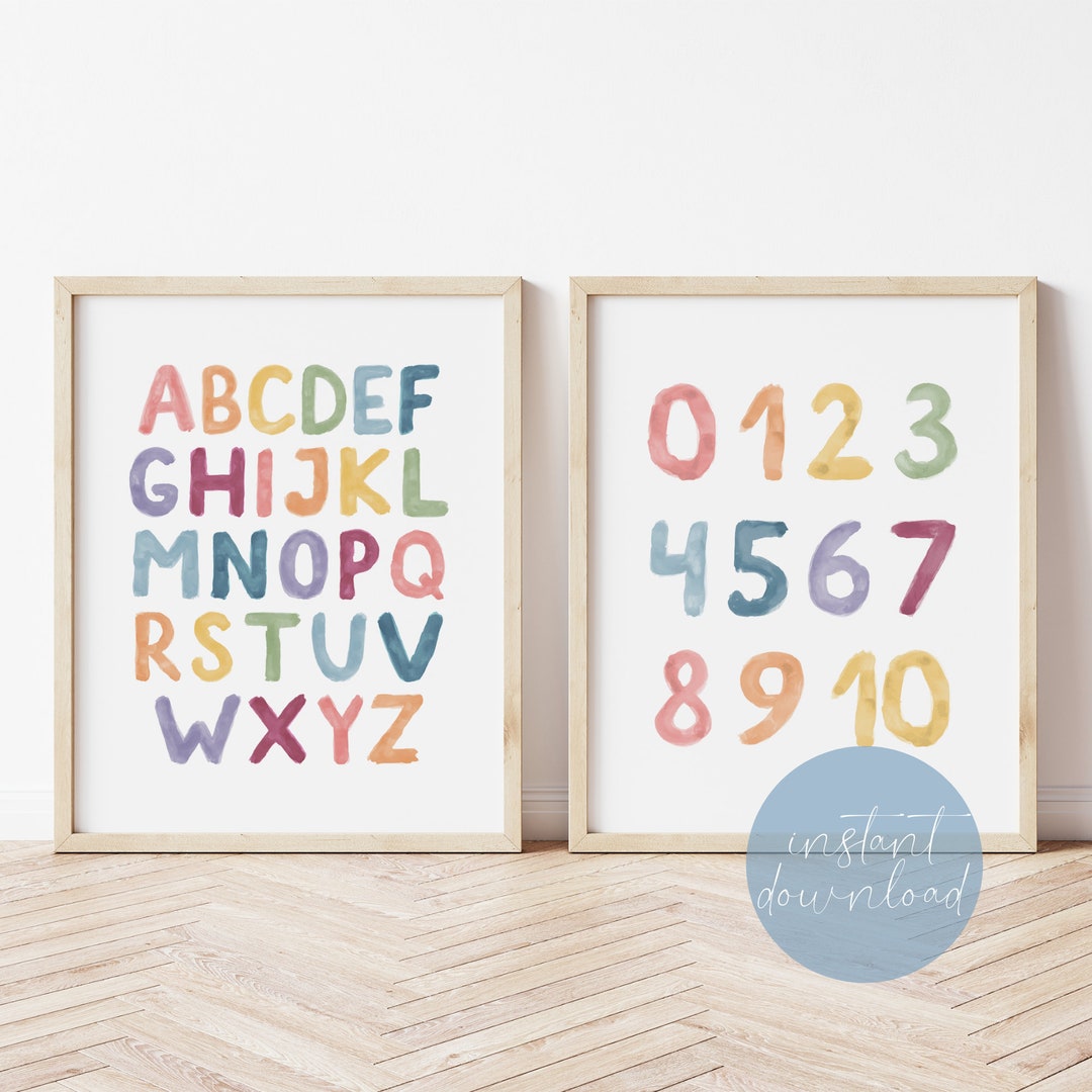 Rainbow Watercolor Alphabet Number Print Poster Nursery Wall Art ...