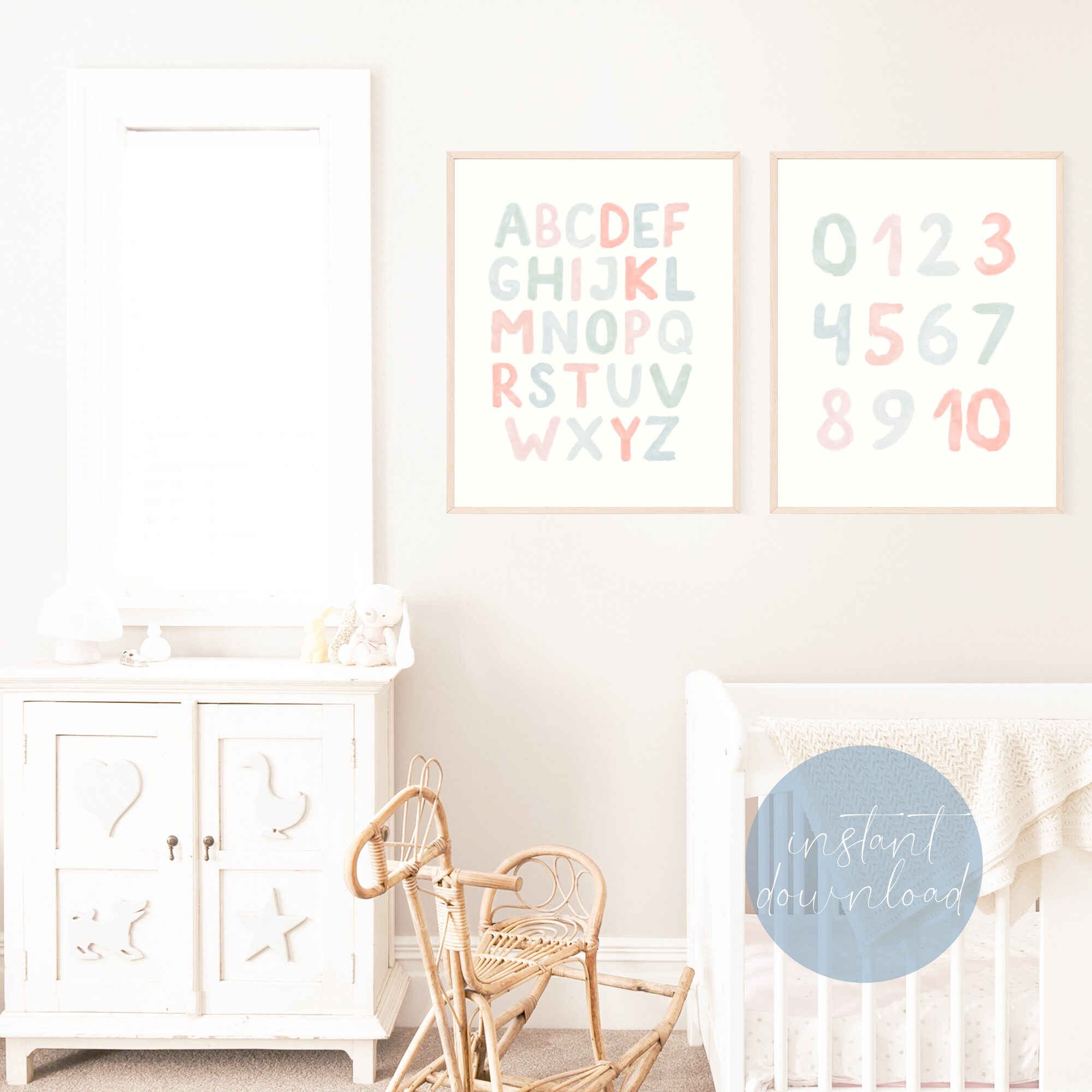 Pastel Watercolor Alphabet Number Print Poster | Nursery Wall Art ...
