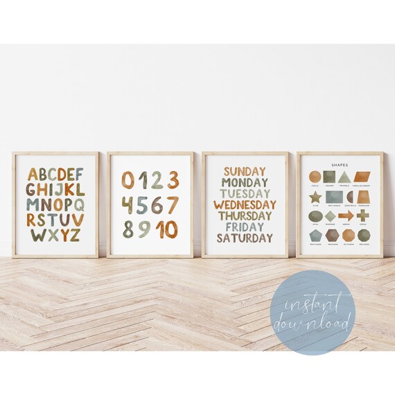 Earth Tones Watercolor Alphabet Number Shapes Set of Prints | Etsy