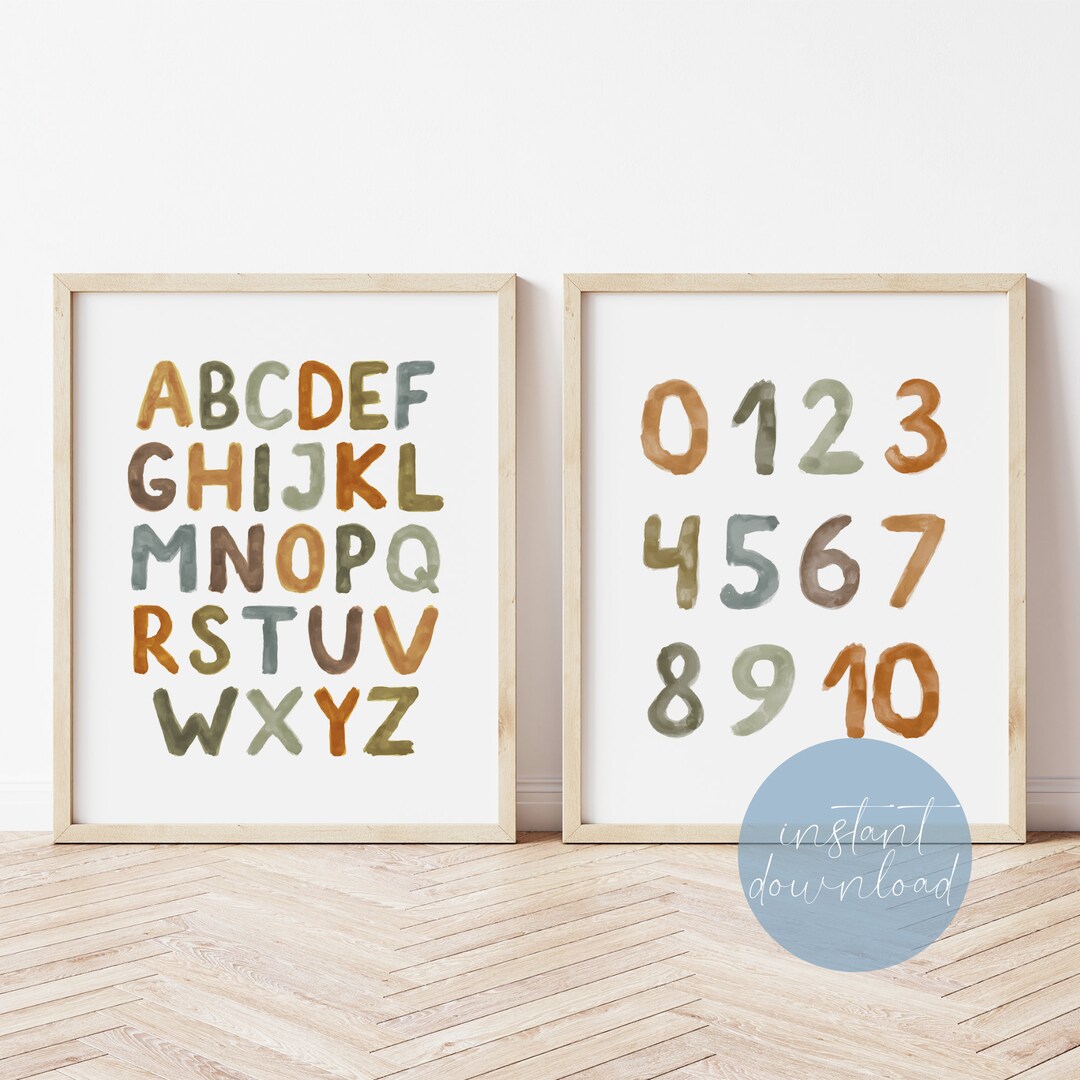 Earth Tones Watercolor Alphabet Number Poster | Nursery Wall Art ...