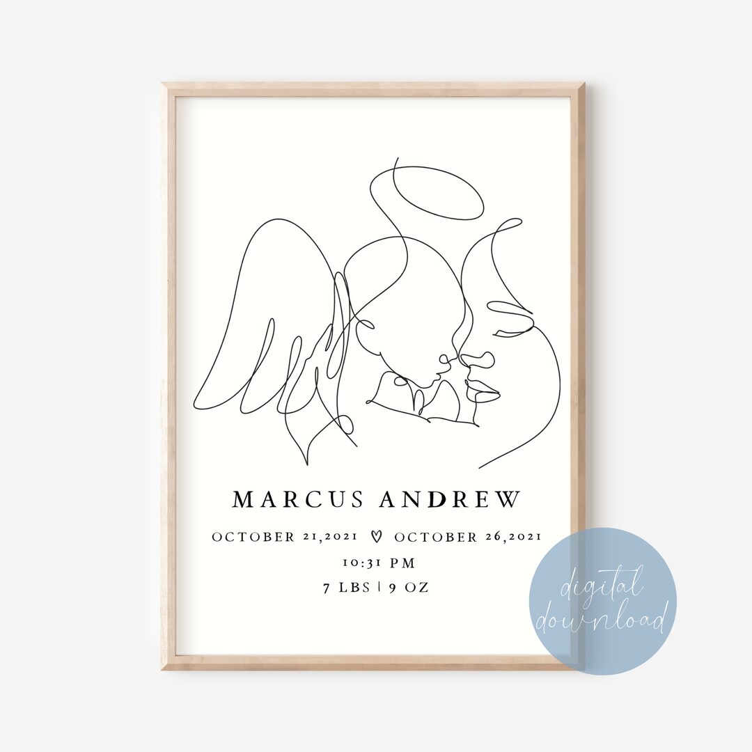 Personalized Angel Baby Line Art Baby Art Memorial - Etsy