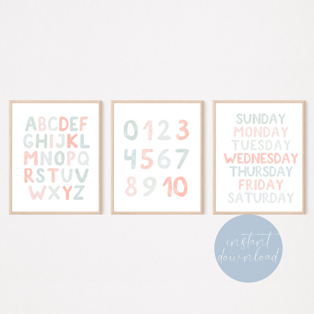 Pastel Watercolor Alphabet Number Set of Three Prints - Etsy