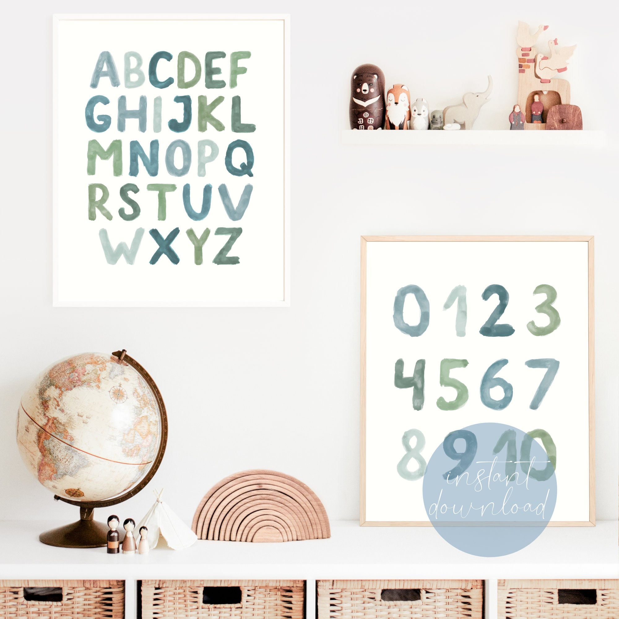 Emerald Watercolor Alphabet Number Print Poster Nursery Wall | Etsy