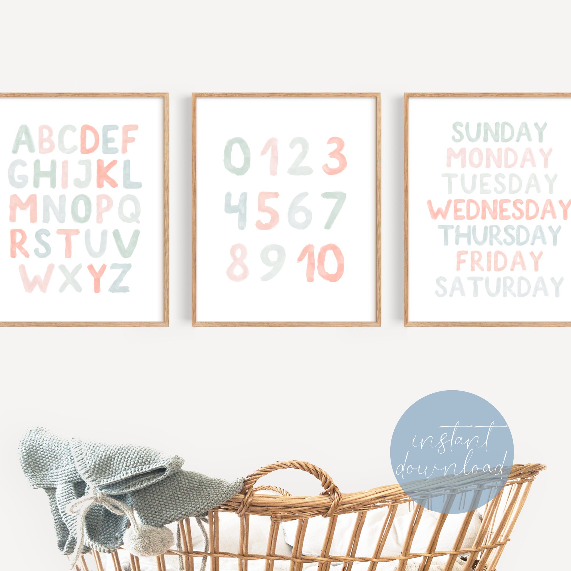 Pastel Watercolor Alphabet Number Set of Three Prints | Etsy