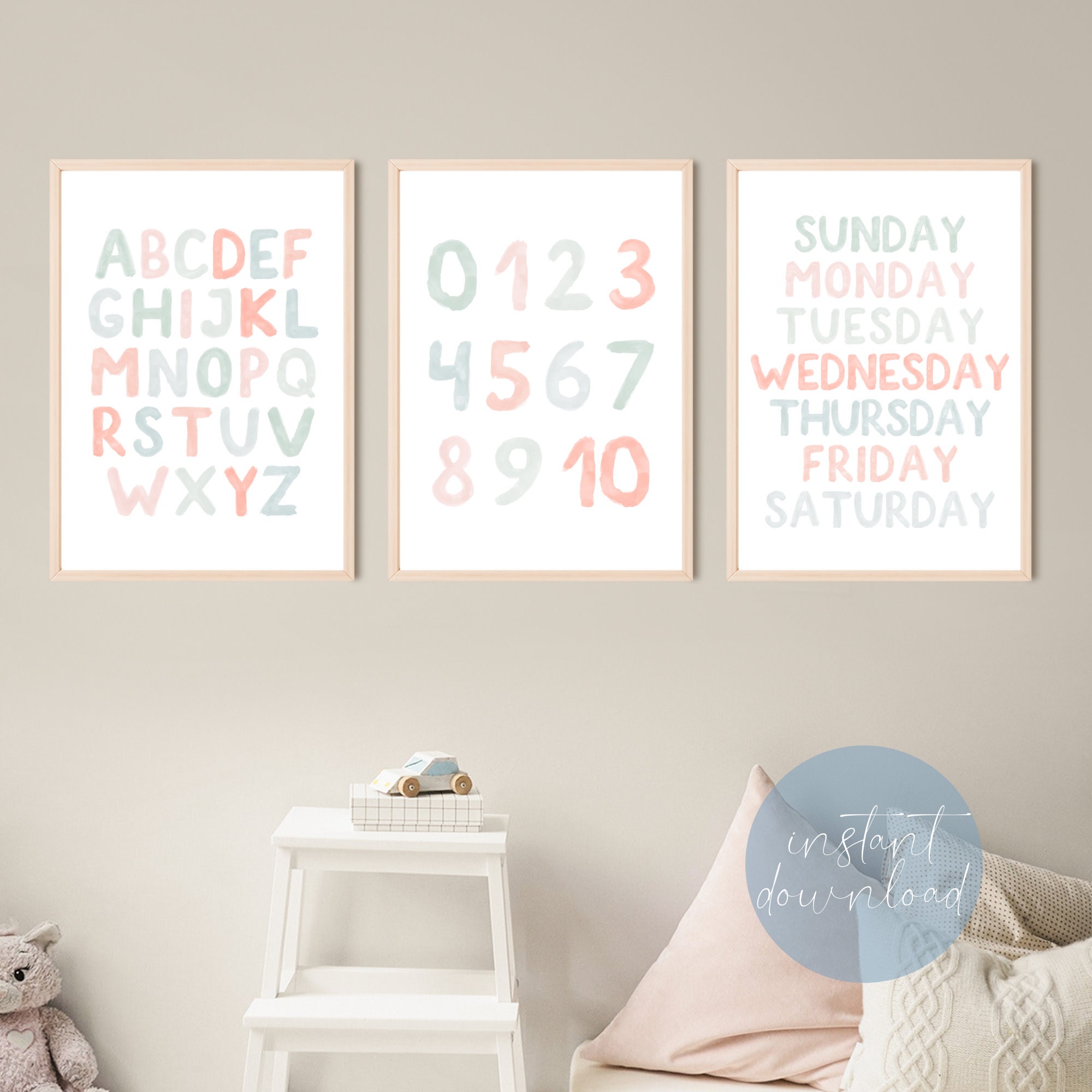 Pastel Watercolor Alphabet Number Set of Three Prints | Etsy