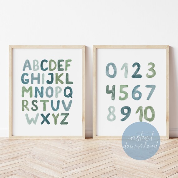 Emerald Watercolor Alphabet Number Print Poster Nursery Wall | Etsy