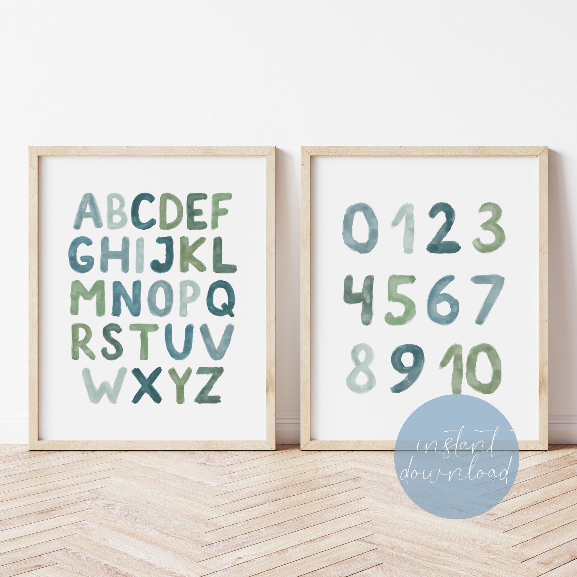 Emerald Watercolor Alphabet Number Print Poster Nursery Wall | Etsy