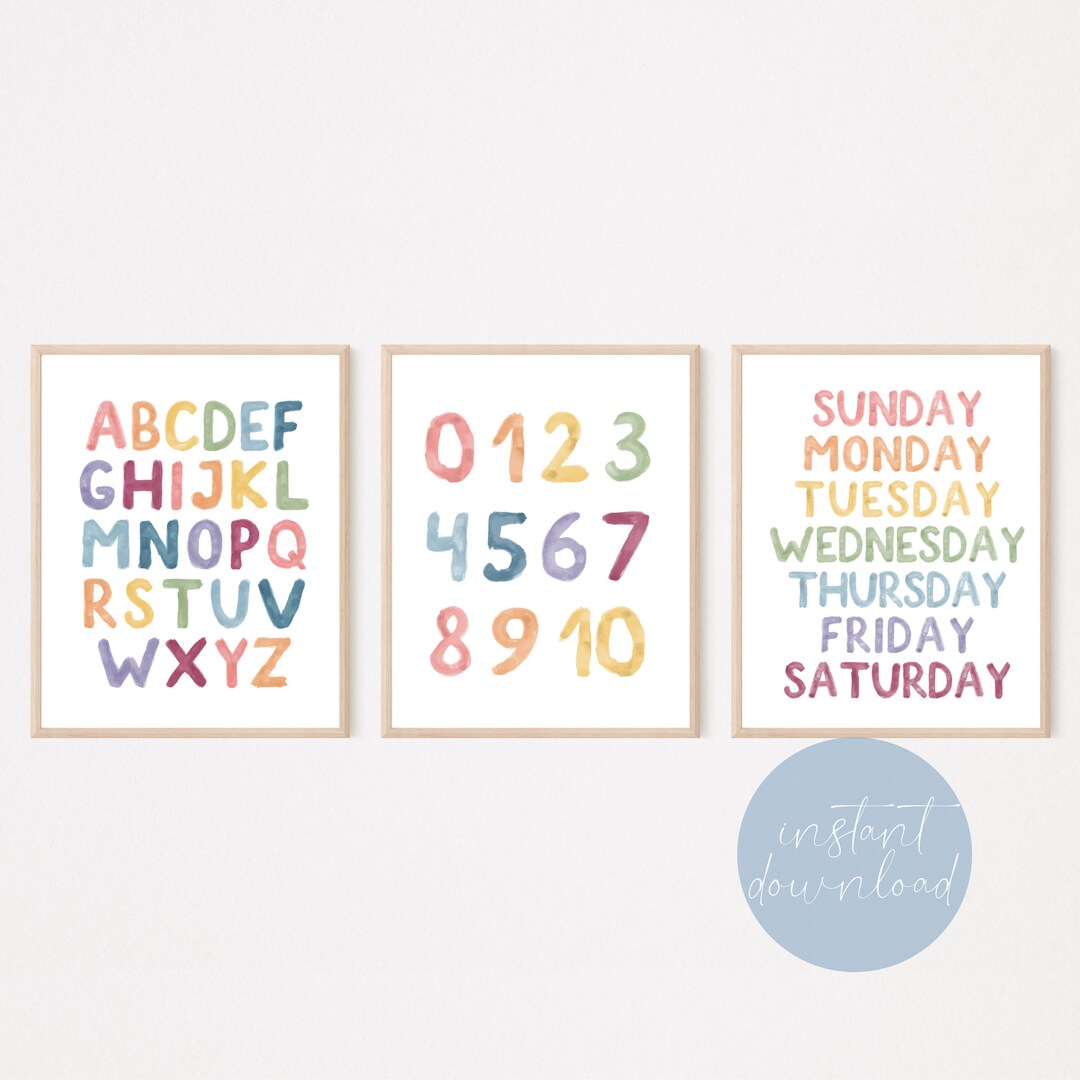 Rainbow Watercolor Alphabet Number Set of Three Prints | Nursery Wall ...