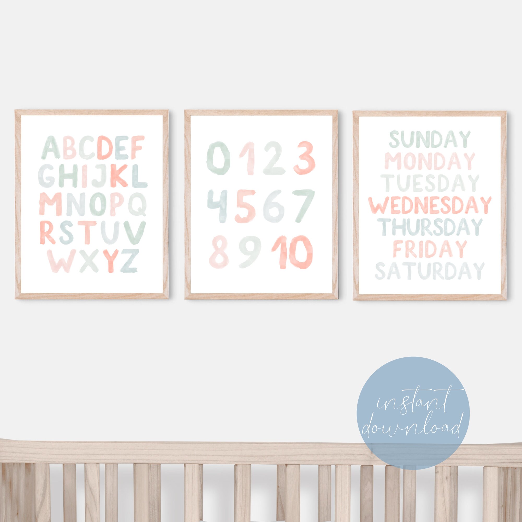 Pastel Watercolor Alphabet Number Set of Three Prints | Etsy