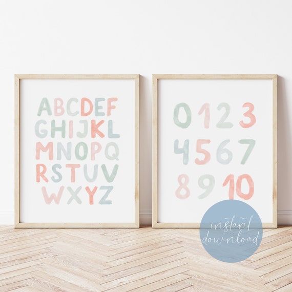 Pastel Watercolor Alphabet Number Print Poster Nursery Wall | Etsy