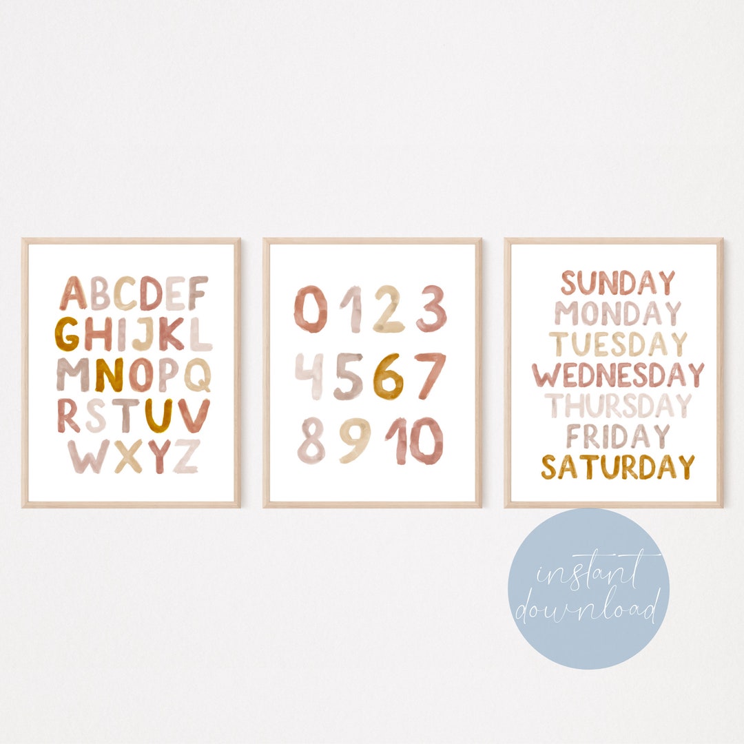 Boho Watercolor Alphabet Number Set of Three Prints Nursery Wall Art ...