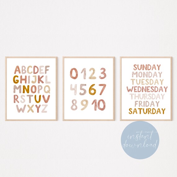 Boho Watercolor Alphabet Number Set of Three Prints Nursery | Etsy