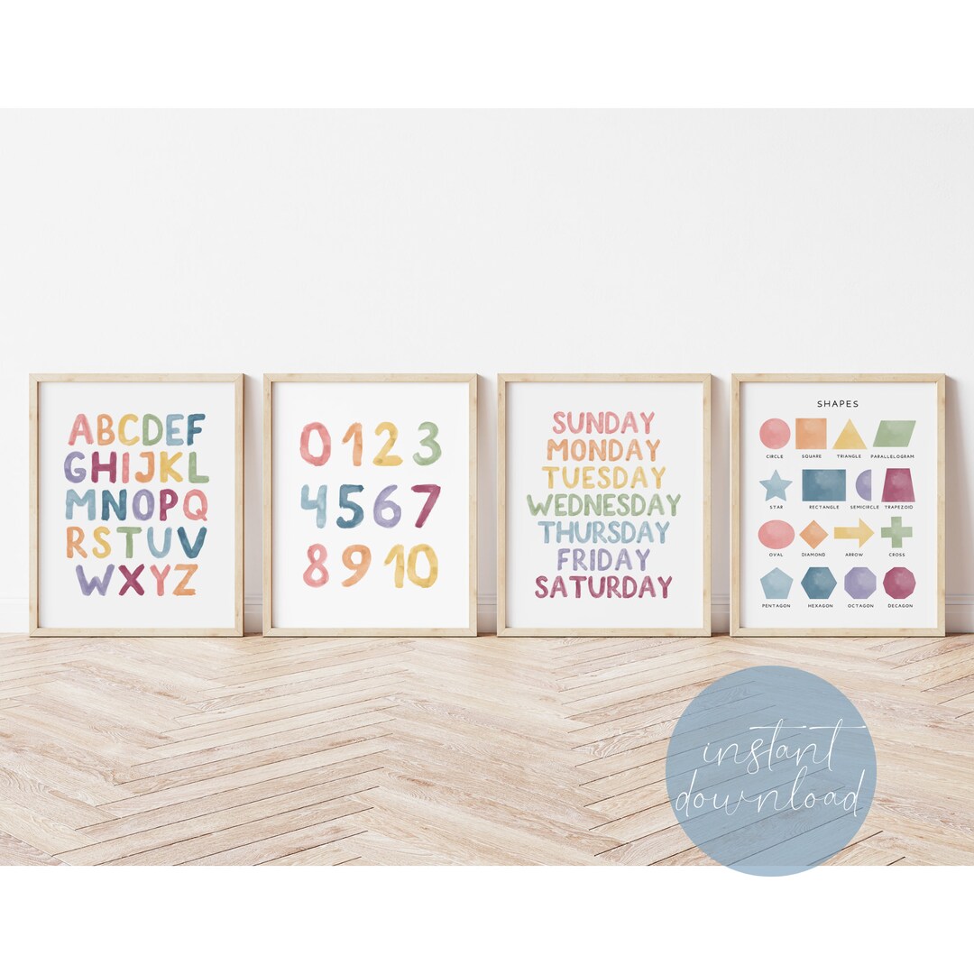 Rainbow Watercolor Alphabet Number Shape Set of Four Prints - Etsy