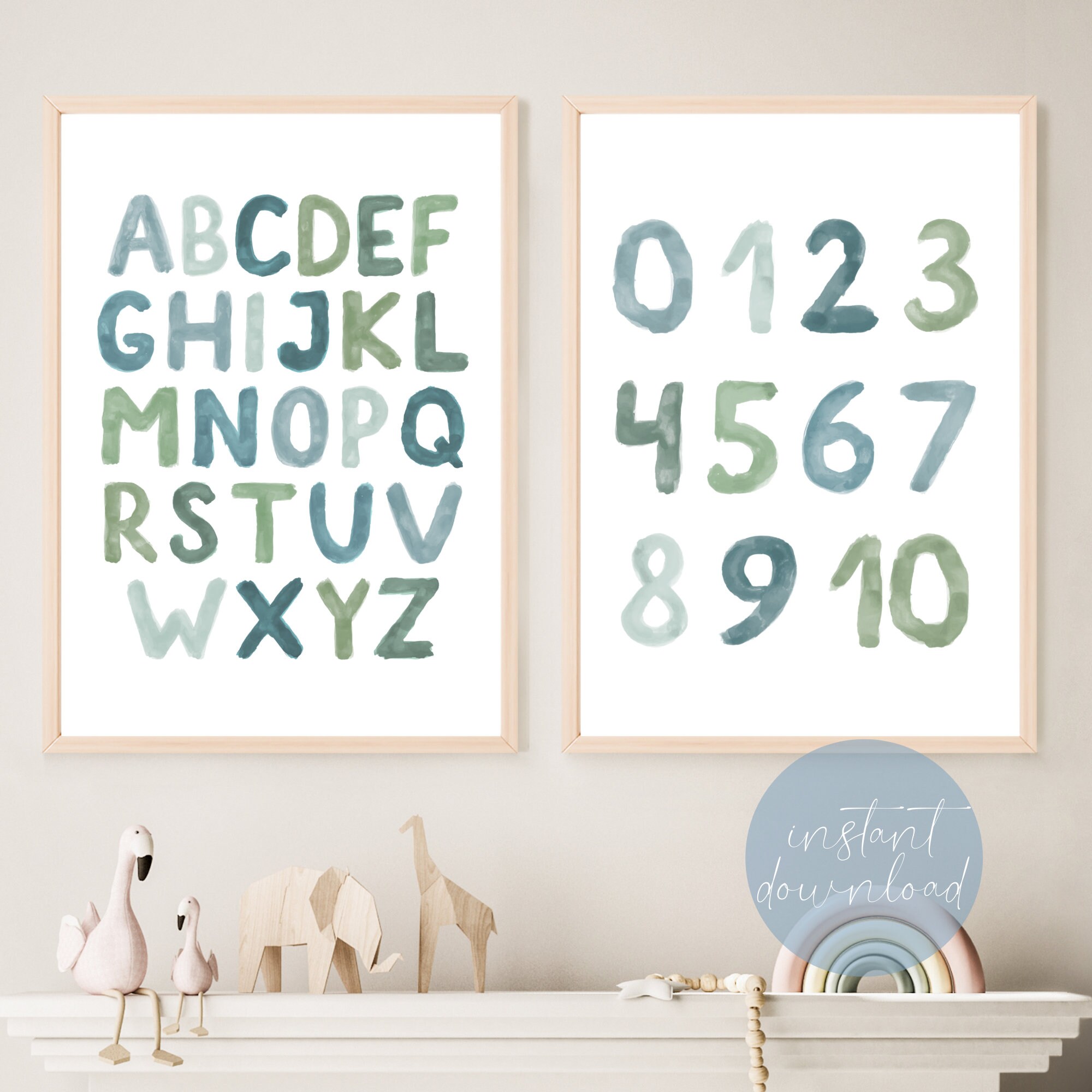 Emerald Watercolor Alphabet Number Print Poster Nursery Wall | Etsy
