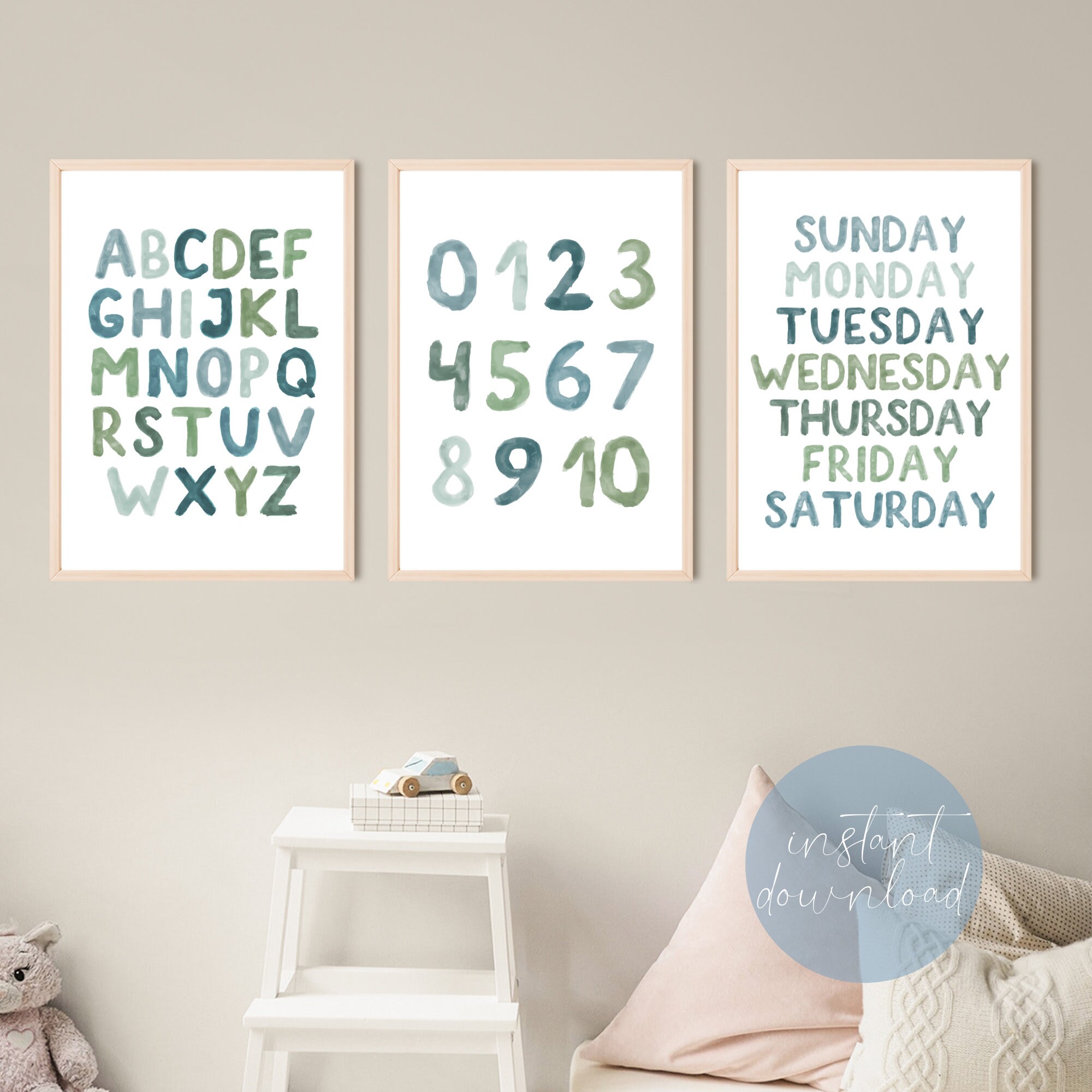 Emerald Watercolor Alphabet Number Set of Three Print | Etsy