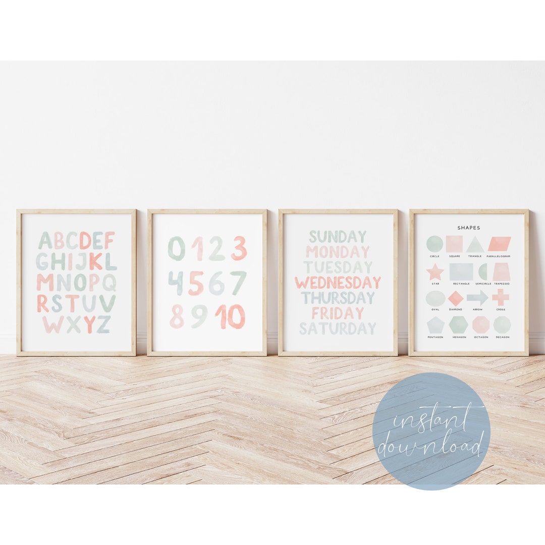 Pastel Watercolor Alphabet Number Shape Set of Four Prints Nursery Wall ...