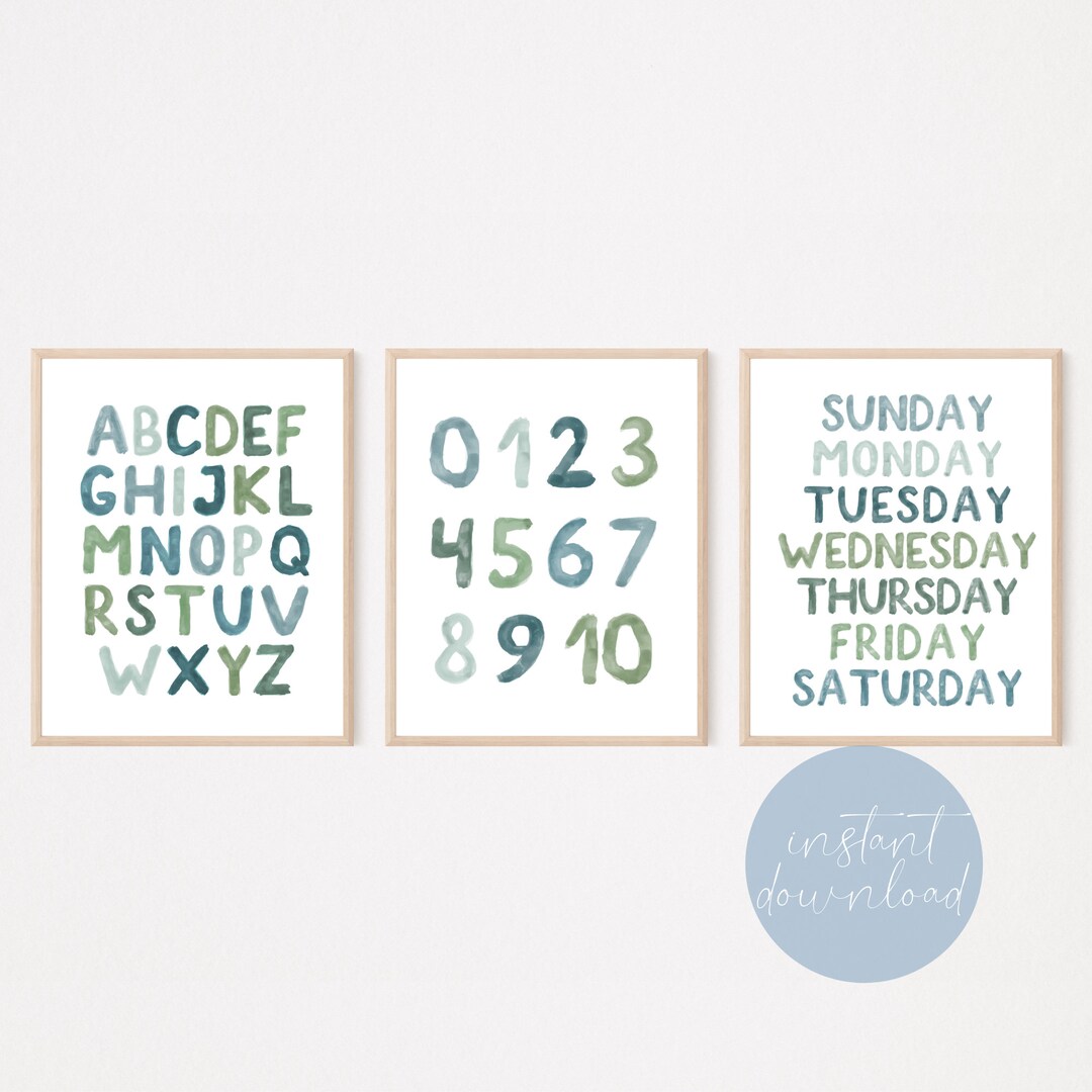 Emerald Watercolor Alphabet Number Set of Three Print | Nursery Wall ...