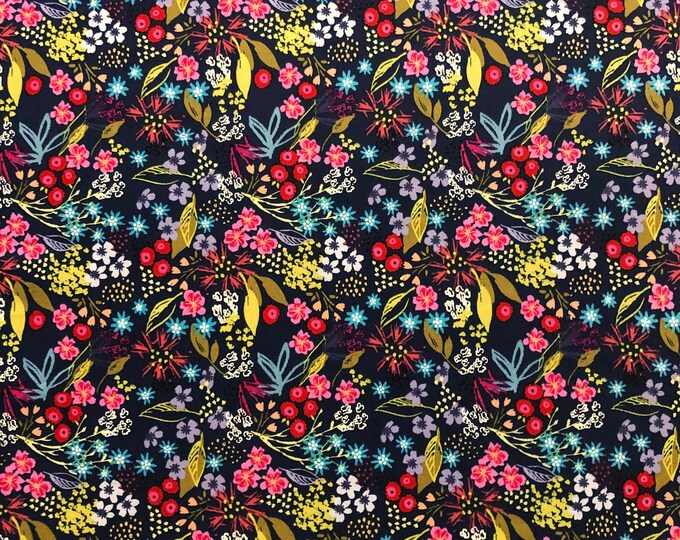 Floral on Navy Calico Fabric, Botanical Fabric, 100% Cotton, Quilting ...