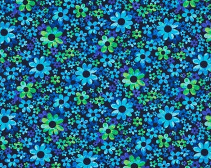 Blue & Green Daisy Fabric, Floral Fabric, 100% Cotton, Accessories ...