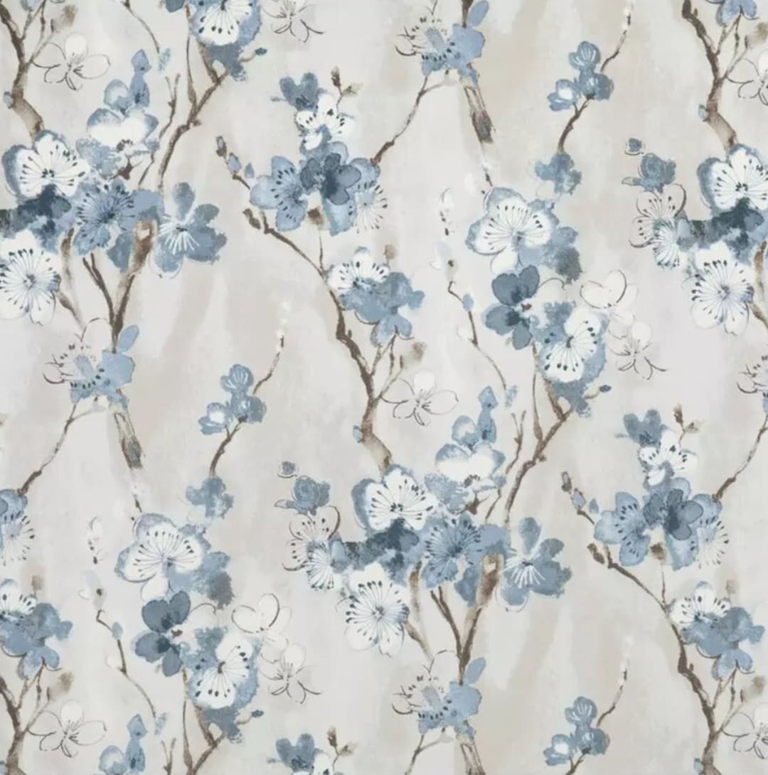 Blue & Cream Floral Fabric, Flowers Fabric, 100% Cotton, Home Decor ...