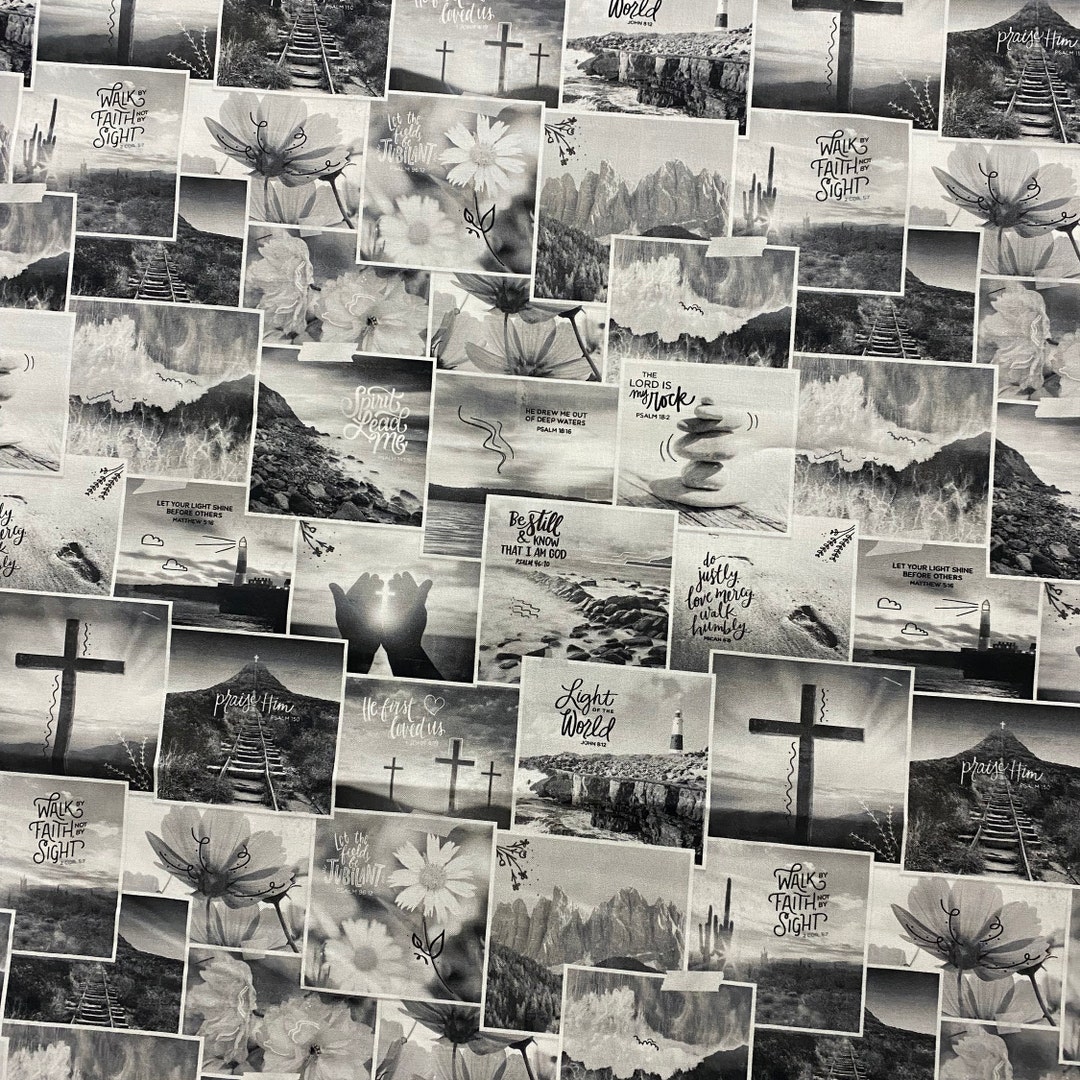 Photographs and Bible Verses Fabric, Collage Print, 100% Cotton ...