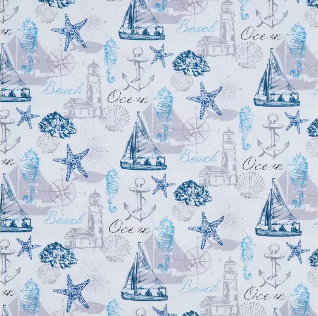 Nautical Fabric, Ships & Anchors Fabric, 100% Cotton, Duck Cloth, Home ...