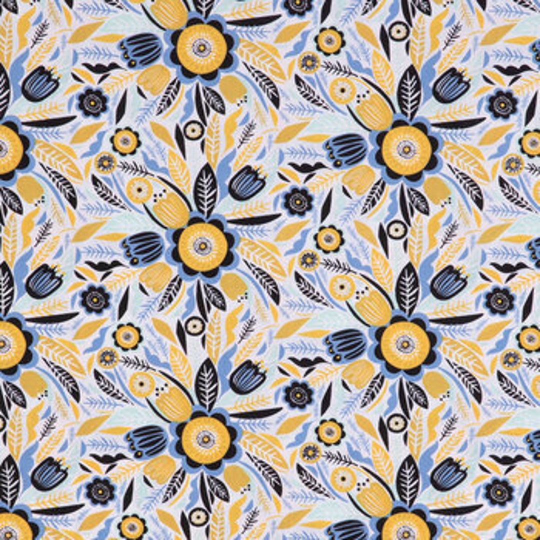 Mustard & Blue Floral Fabric, Flowers Fabric, 100% Cotton, Apparel ...