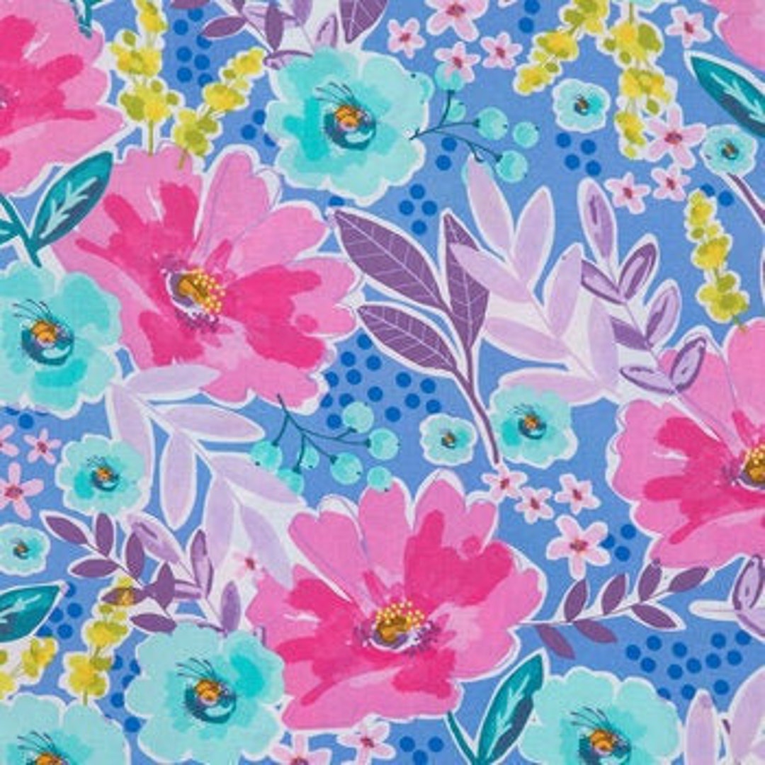 Blue Floral Cotton Fabric, Botanical Garden Print, Apparel Quilting ...