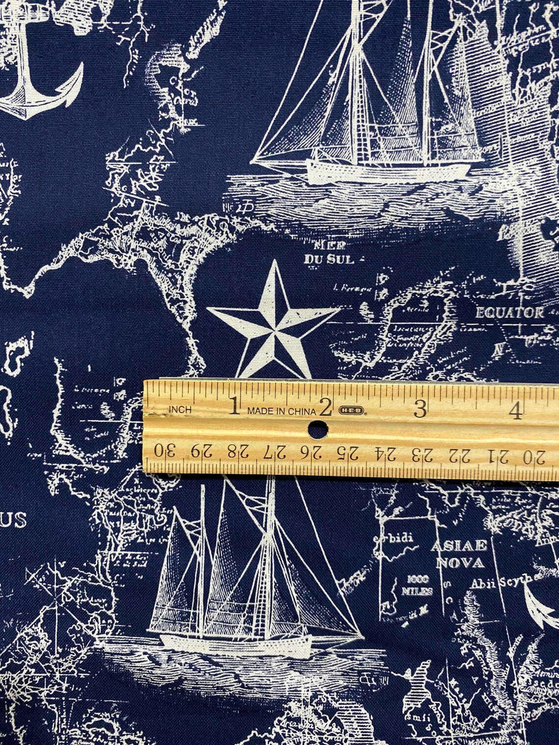 Navy Nautical Map Cotton Cotton Calico Fabric, Ships & Anchors ...