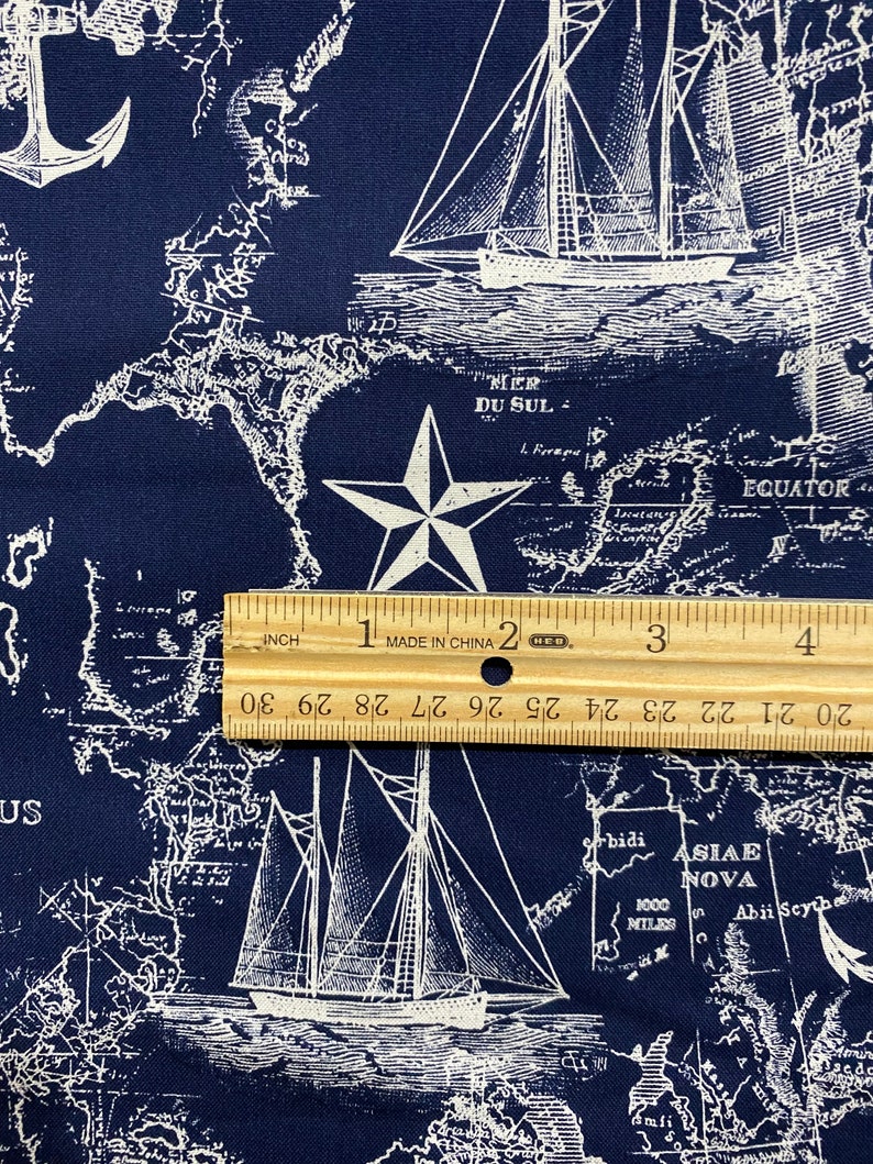 Navy Nautical Map Cotton Cotton Calico Fabric, Ships & Anchors ...