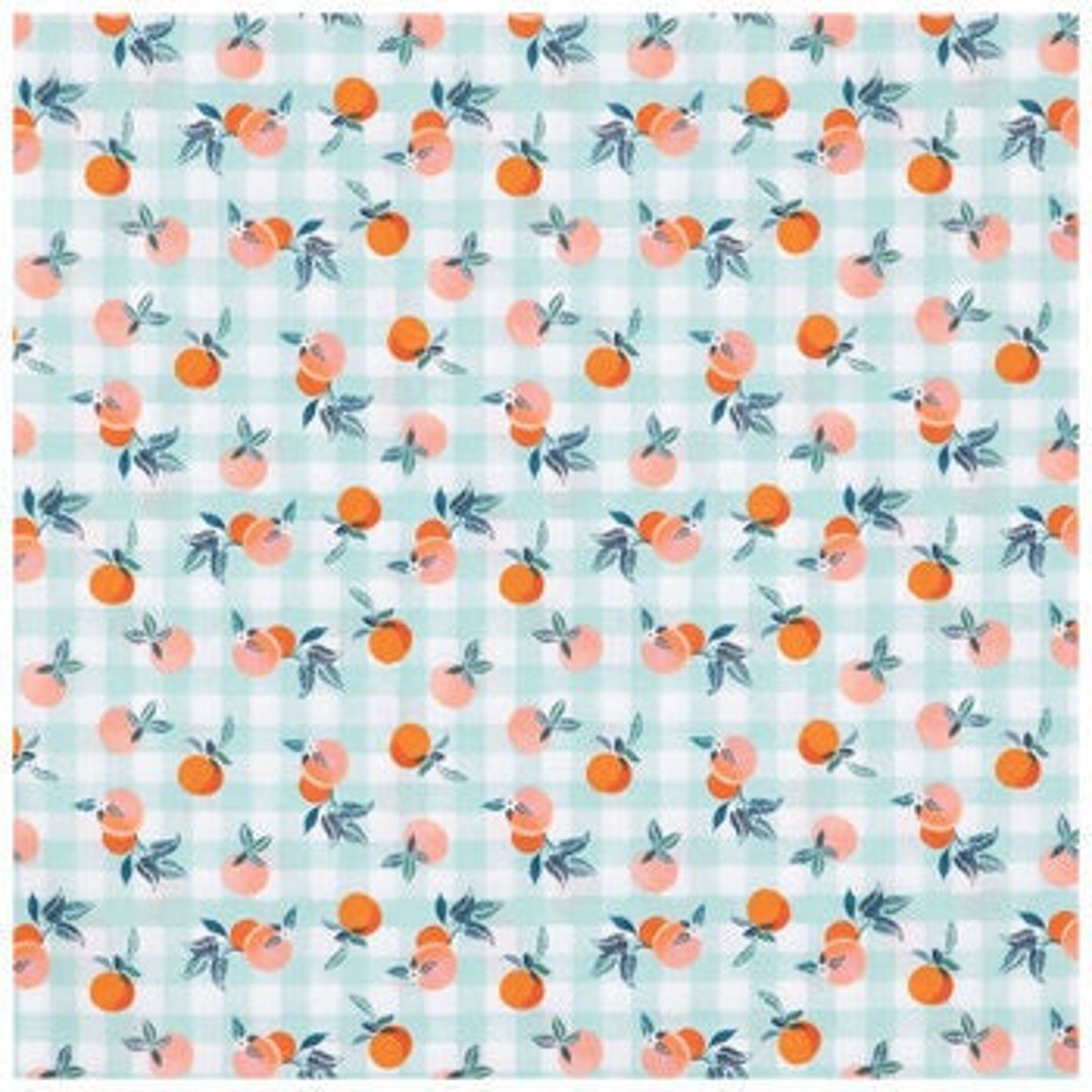 Gingham & Peaches Fabric, Fruits Fabric, 100% Cotton, Apparel Fabric ...
