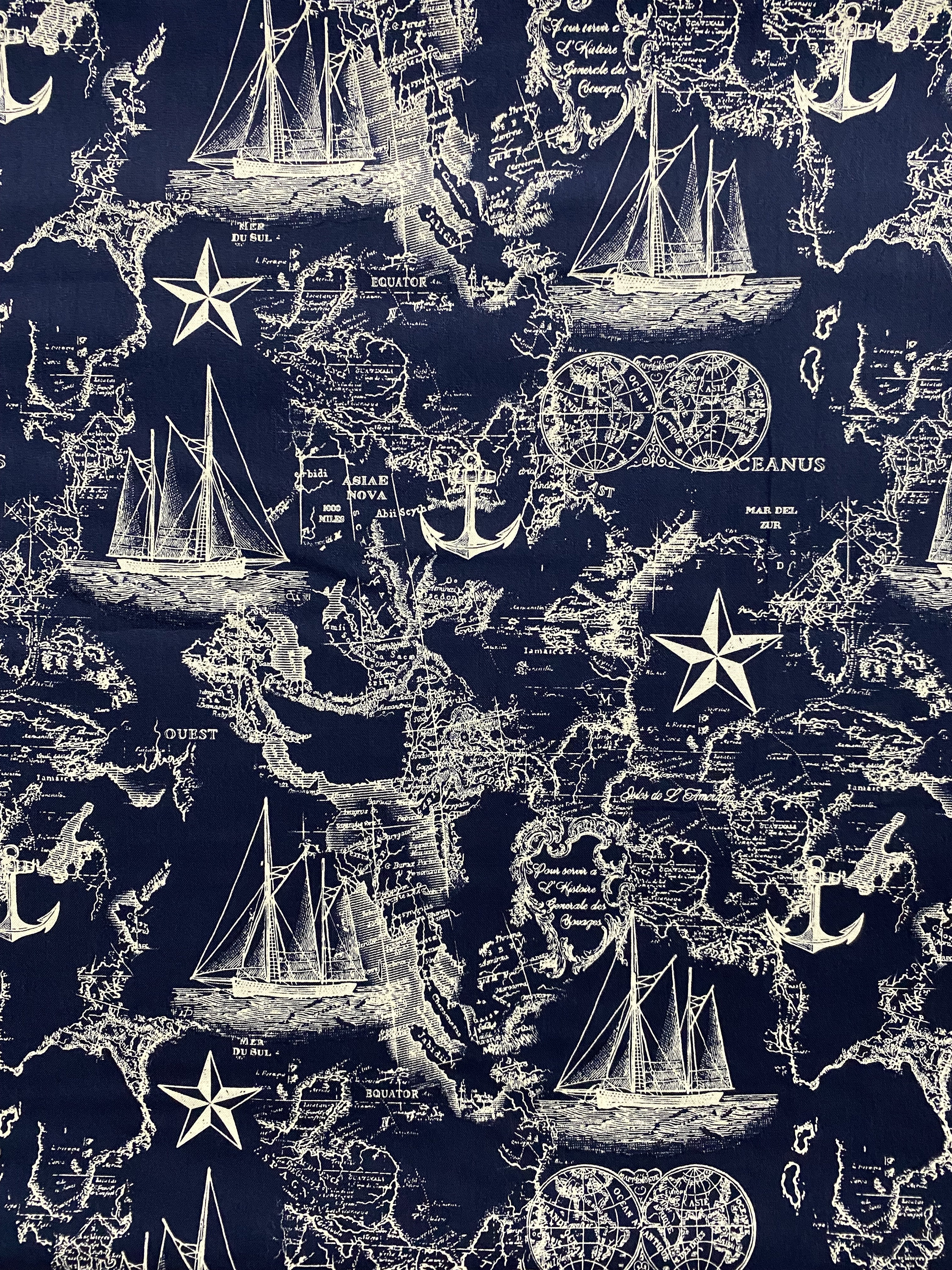 Navy Nautical Map Cotton Cotton Calico Fabric, Ships & Anchors ...