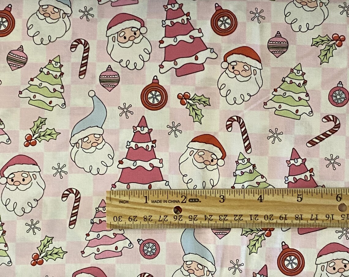 Pink Checkered Santa Claus Fabric, Christmas Fabric, 100% Cotton, Tree ...